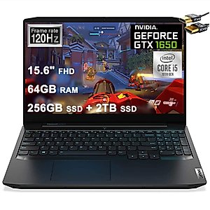 Lenovo Ideapad 3 Gaming Laptop 15.6" FHD IPS 120Hz Intel Quad-Core i5-10300H (Beats i7-8850H) 64GB DDR4 256GB SSD + 2TB SSD GTX 1650 4GB Backlit KB USB-C Dolby Win10 + HDMI Cable