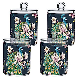 xigua 2 Pack Elegant Floral Peacock Apothecary Jars with Lid, Qtip Holder Storage Containers for Cotton Ball, Swabs, Pads, Clear Plastic Canisters for Bathroom Vanity Organization (10 Oz)