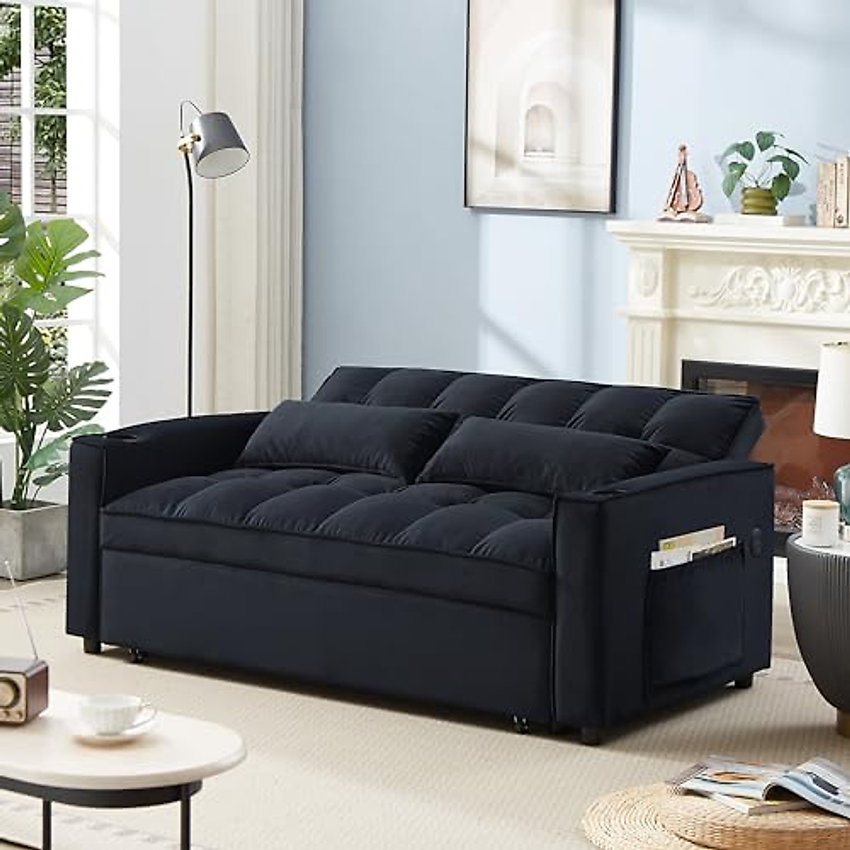 FANYE 3 in 1 Loveseat Pull Out Sleeper Bed, Compact 2 Seater Futon Adjustable Backrest Love Seat Sofa & Couch Convertible Sleep Daybed for Living Room Sofabed, Black Full W/Cupholders and USB Port