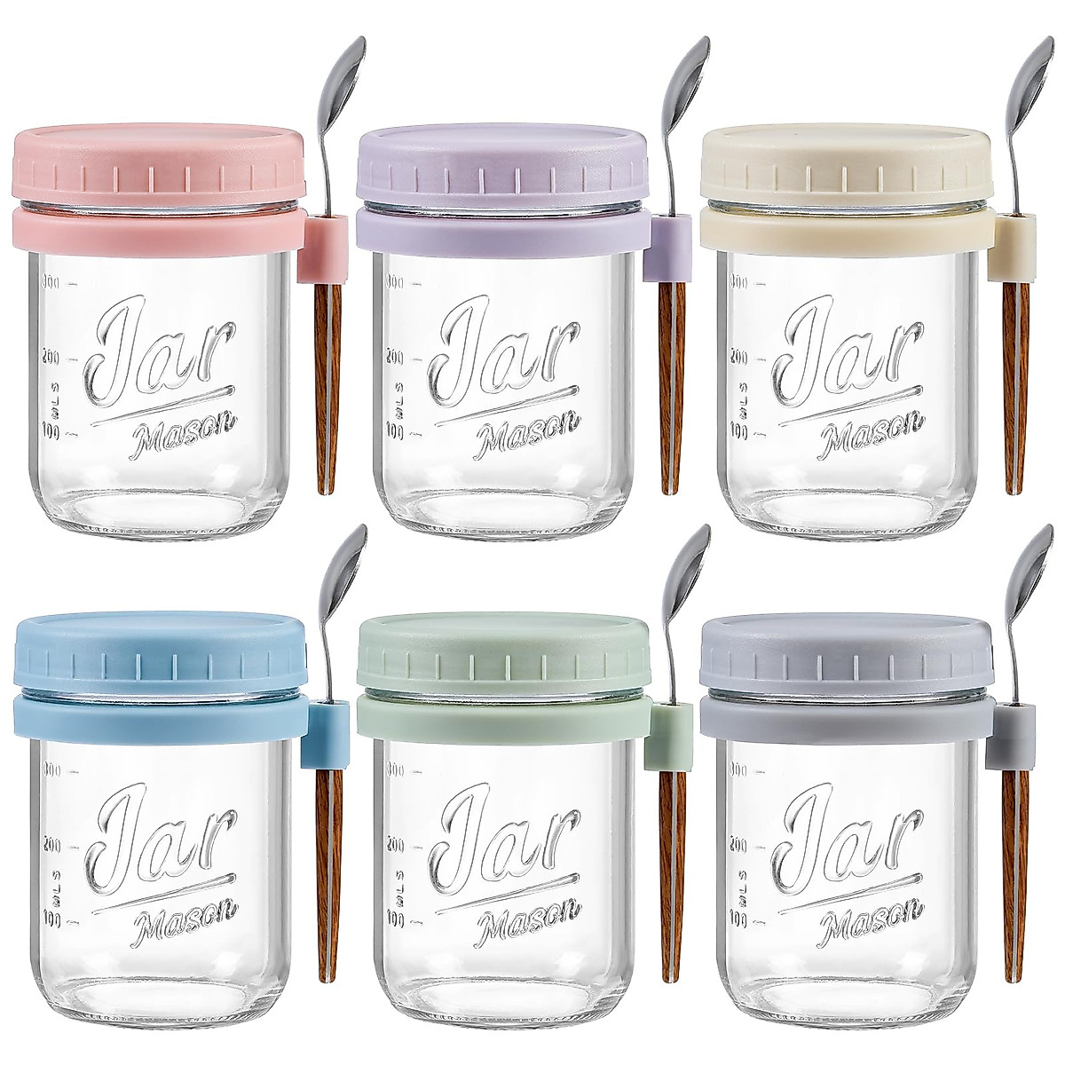 LANDNEOO 6 Pack Overnight Oats Containers with Lids and Spoons, 16 oz Glass Mason Overnight Oats Jars, Large Capacity Airtight Jars for Milk, Cereal, Fruit