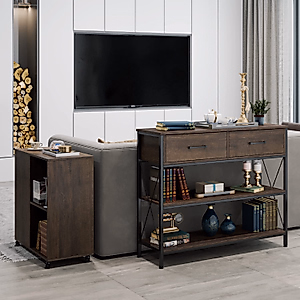 HITHOS Industrial Console Table with Drawers, Vintage Hallway Foyer Table with Storage Shelves, Narrow Long Sofa Entryway Table for Living Room, Dark Brown