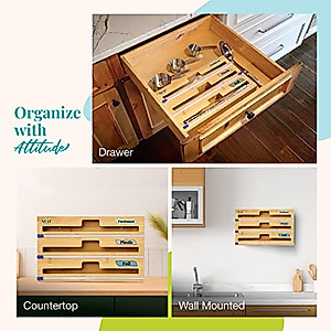 Neat Diva 12" Bamboo Foil Plastic Wrap Organizer Cutter, Plastic Wrap Dispenser Cutter, Tin Foil Organizer Drawer, Bamboo Aluminum Foil Dispenser Cutter, Kitchen Organizer Foil Plastic Wrap (3-in-1)