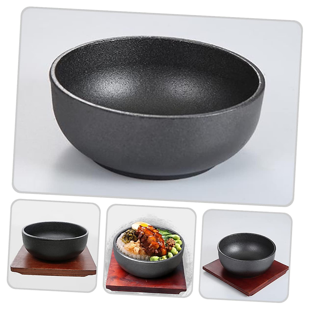 1 set Cooking Wood Cooker Food Cast Bibimbap Cookware Clay Casserole Sizzling Stew Tray Pot Stone Iron Rice Korean Household Soup Base with Bowl Style for Kitchen Induction Ramen