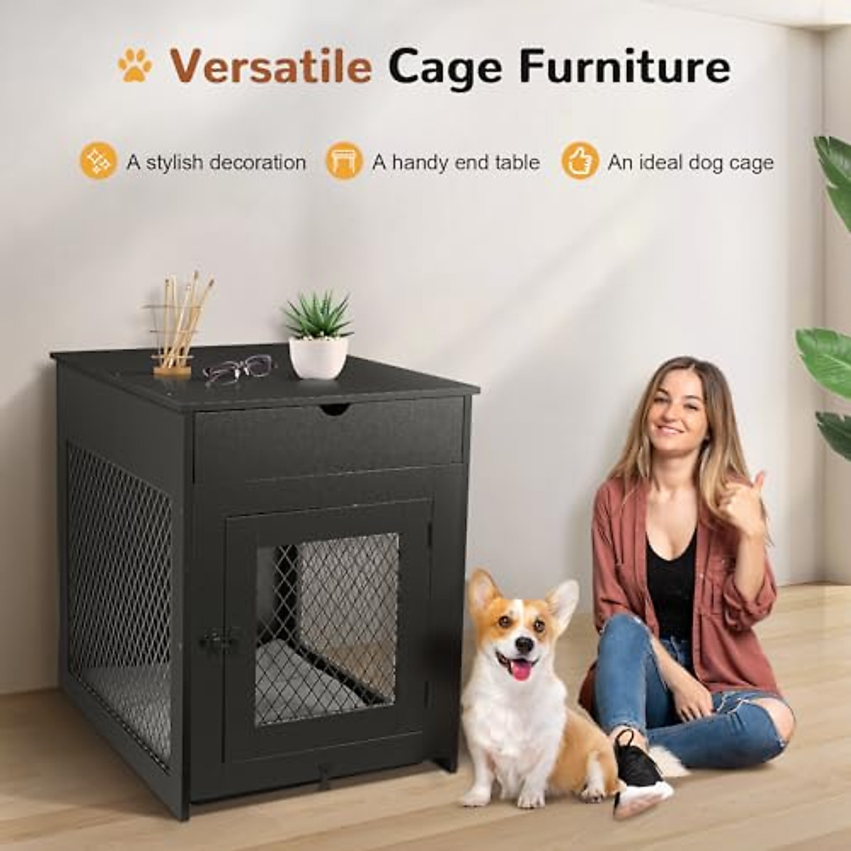 BOEASTER Dog Crate Furniture End Table, Wooden Furniture-Style Dog Crates Indoor Kennel Side Table Nightstand with Storage Drawer & Cushion & Tray for Small Dogs Indoor Use