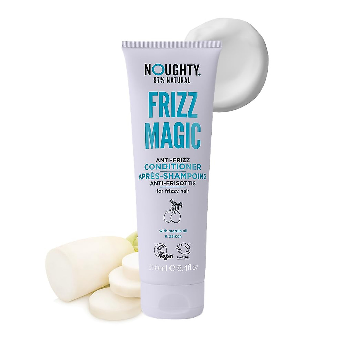 Noughty 97% Natural Frizz Magic Conditioner, Anti Frizz Cleanser for Frizzy and Curly Hair to Smooth and Shine with Marula Oil and Daikon, Sulphate Free Vegan Haircare 250ml