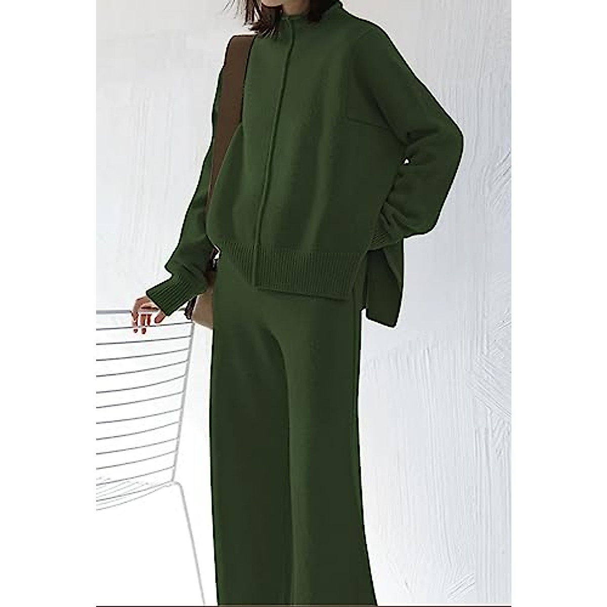 Pink Wind 2 Piece Outfits For Women Long Sleeve High Neck Sweatshirt Set Knitted Sweater Tracksuit Dark Green L