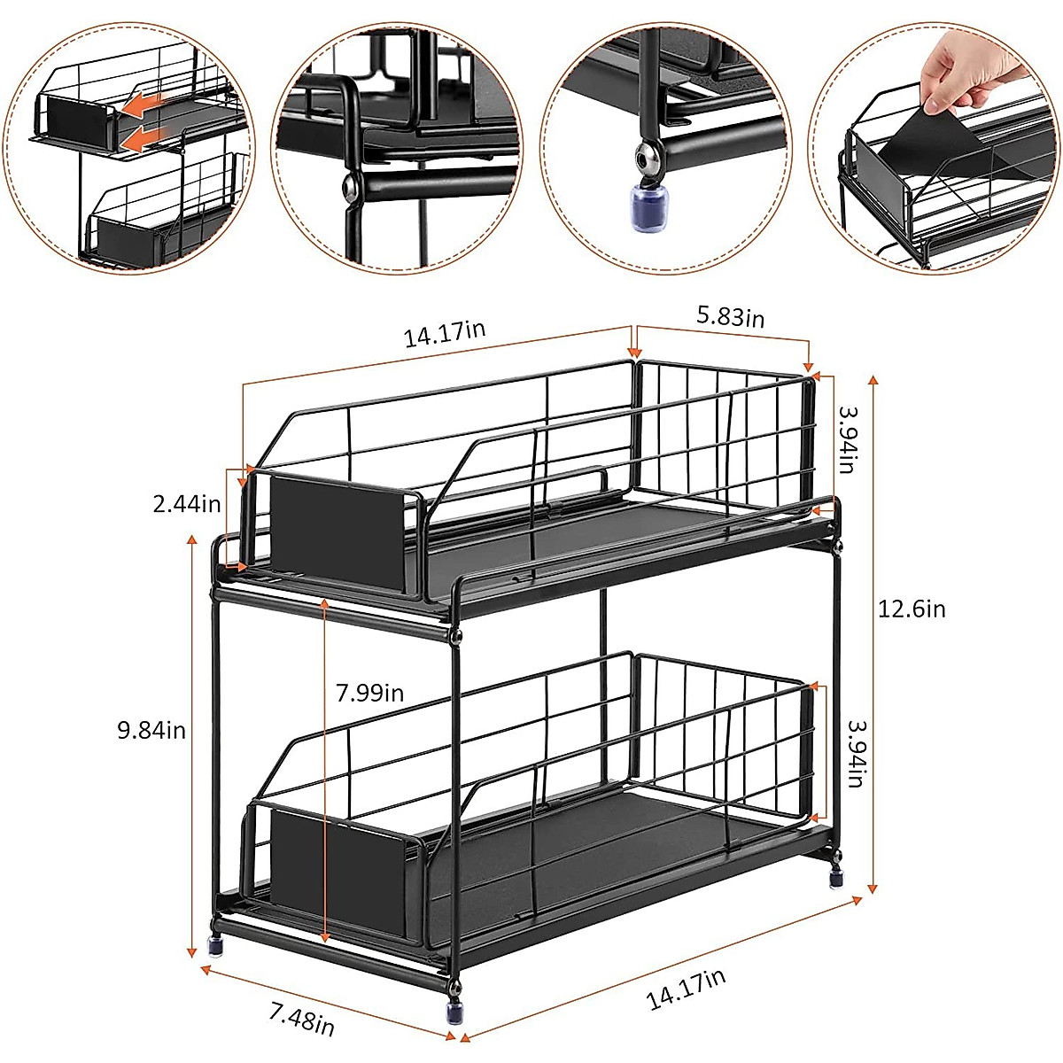 2 Pack - 2-Tier Under Sink Cabinet Organizer with Sliding Storage Drawer, Spice Rack, Pull Out Cabinets Organizer Shelf Baskets, for Kitchen, Pantry, Under The Sink, Cabinet, Bathroom, Black