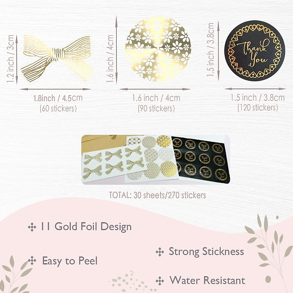 Pobees 30 Sheets 1.5"-1.8" Large Gold Foil Envelope Seal Stickers for Wedding Invitations,Greeting Cards,Party,Graduation,Gift Packaging,Self-Adhesive