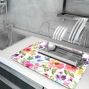 Floral Dish Drying Mats for Kitchen Counter Large Drying Mat for Dishes Microfiber Dish Rack Mat Kitchen Decor Spring Summer Flower Drainer Pad Washable Foldable Ultra Absorbent Dry Mat 18×24 Inch