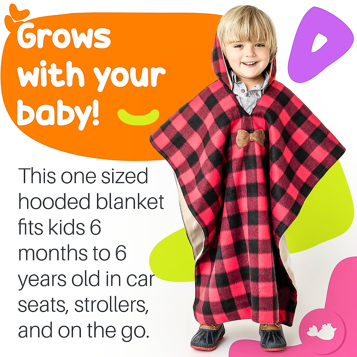 Birdy Boutique Car Seat Poncho for Kids – Safe to Use Over Seat Belts – Reversible Warm and Cozy Blanket – Easy on Easy Off and Doesn’t Impact Car Seat Performance – Deer and Buffalo Plaid – One Size