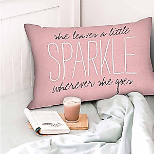 Mugod Decorative Throw Pillow Cover Pink Quote She Leaves A Little Sparkle Wherever She Goes,Cushion Cover Case 20x30 Inches for Home Sofa Bedroom Living for Women Men