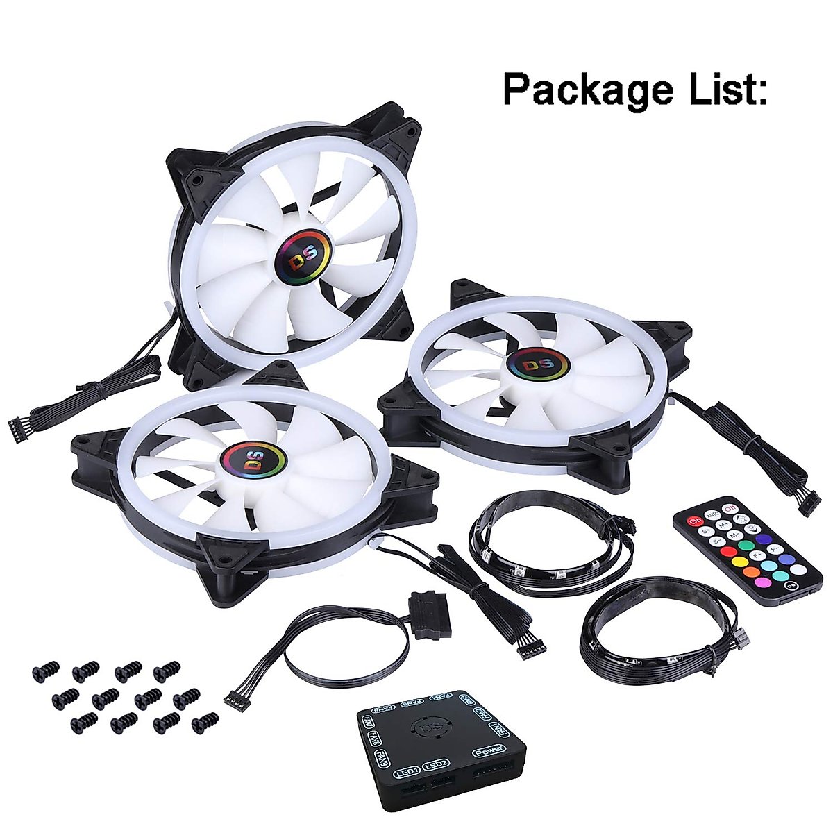 DS 140MM LED Fans with Controller for PC Cases, Addressable RGB Fans for Computer Case, CPU Coolers, Radiators System (3Pack RGB Fans, 2Pack PC LED Strips, 4th GEN Hub Box, A Series)