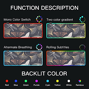 Large RGB Gaming Mouse Pad Floral Pattern Ginkgo Leaves Glowing Extended Mousepad 35.4x15.7in, Soft Anti-Slip Rubber Base Luminous Mouse Mat for Pc Laptop, Gaming, Office, Home
