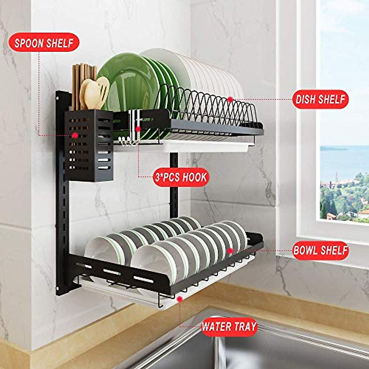 Kitchen Dish Rack,Hanging Drying Plate Organizer Storage Shelf over the Sink,junyuan 2 Tier Wall Mount Bowl Holder with Drain Tray With 3 Hooks,Stainless Steel Black Coating (2 Tier, 16)