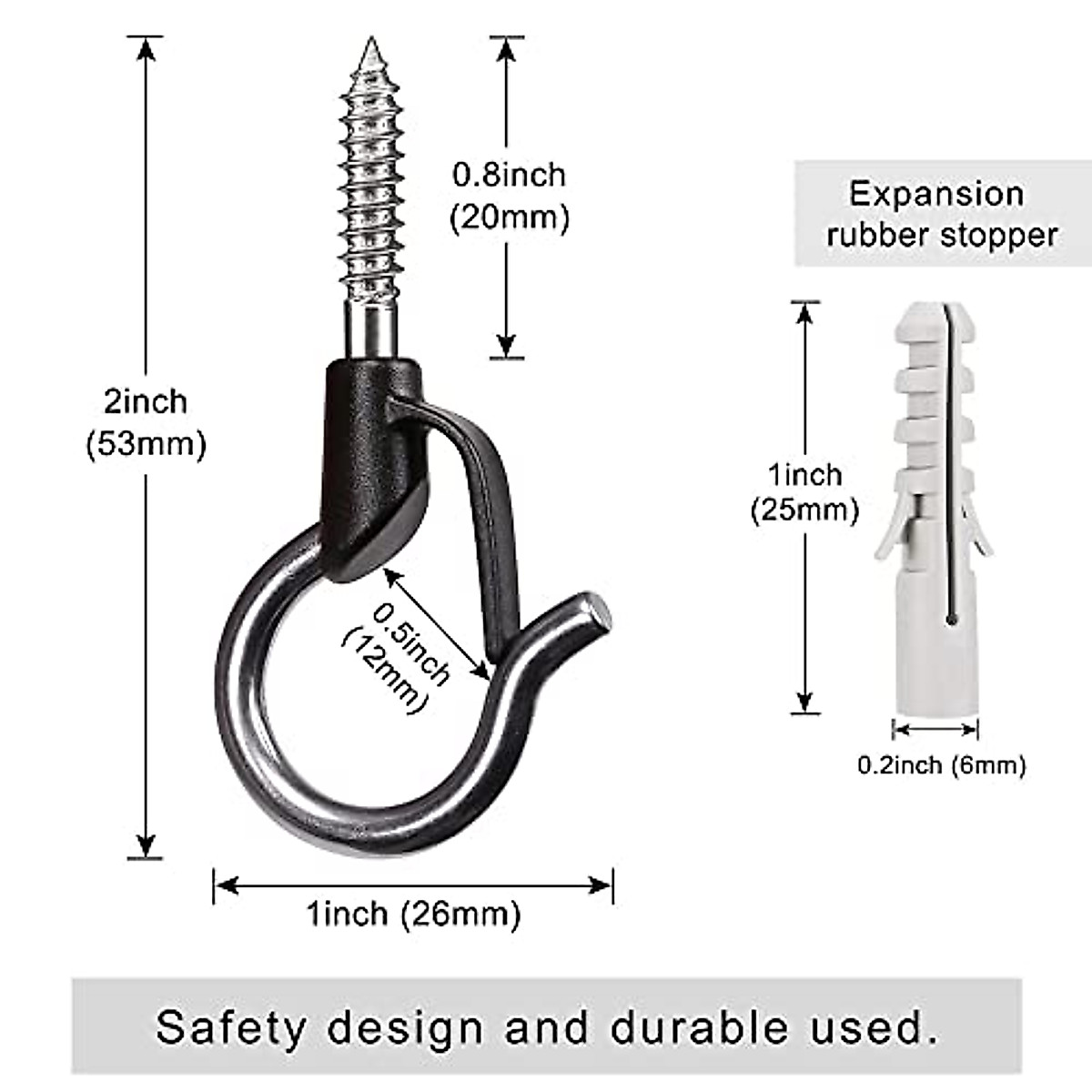 BeneLabel 20-Pack Screw in Hooks for Hanging Plants, String Lights & More - Black Wood Hooks with Safety Buckle Design - Rust Proof & Weather Proof - 40 lbs Capacity
