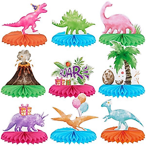 WERNNSAI 9 PCS Watercolor Dinosaur Party Honeycomb Centerpiece - Dinosaur Birthday Party Table Decorations Girls Kids Dino Birthday Baby Shower Table Toppers Supplies 3D Volcano Centerpieces
