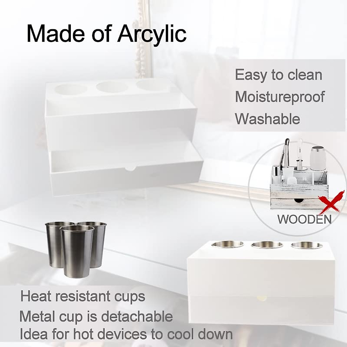 Organizer for Hair Tools for Countertop, Acrylic Hair Dryer Caddy Storage Holder for Hair Straightener,Hair Dryer and Curling Iron Holder, Vanity Bathroom Drawer Trays,White