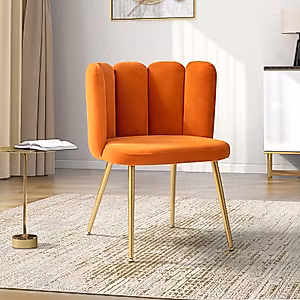 HULALA HOME Velvet Accent Chairs Modern Vanity Chairs for Makeup Room, Comfy Upholstered Dining Chairs for Living Room with Shell Back and Golden Metal Legs/Orange