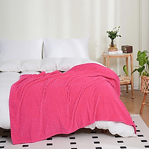 Puncuntex Flannel Fleece Throw Blanket Hot Pink 50"×60",Super Soft Plush Cozy Blanket with 3D Jacquard Square Grid Design Luxury for Couch Sofa Chair