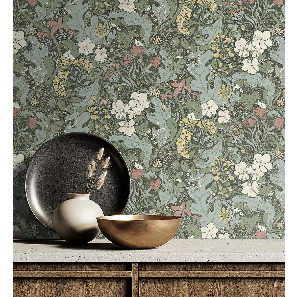 HeloHo Peel and Stick Wallpaper Green Floral Wallpaper for Bedroom Self Adhesive Removable Wallpaper Waterproof Contact Paper for Living Room Bedroom Decor 16.1" X 78.7"