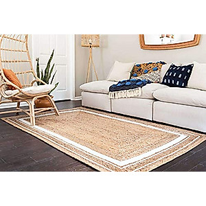 Unique Loom Braided Jute Collection Classic Quality Made Hand Woven with Coastal Design Area Rug, 6 ft x 9 ft, Natural/Ivory
