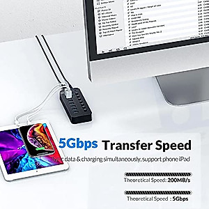 SHYPT 7 Port Powered USB 3.0 HUB BC1.2 Charger Splitter with Individual on/Off Switches and 12V/2A Power Adapter for PC Computer