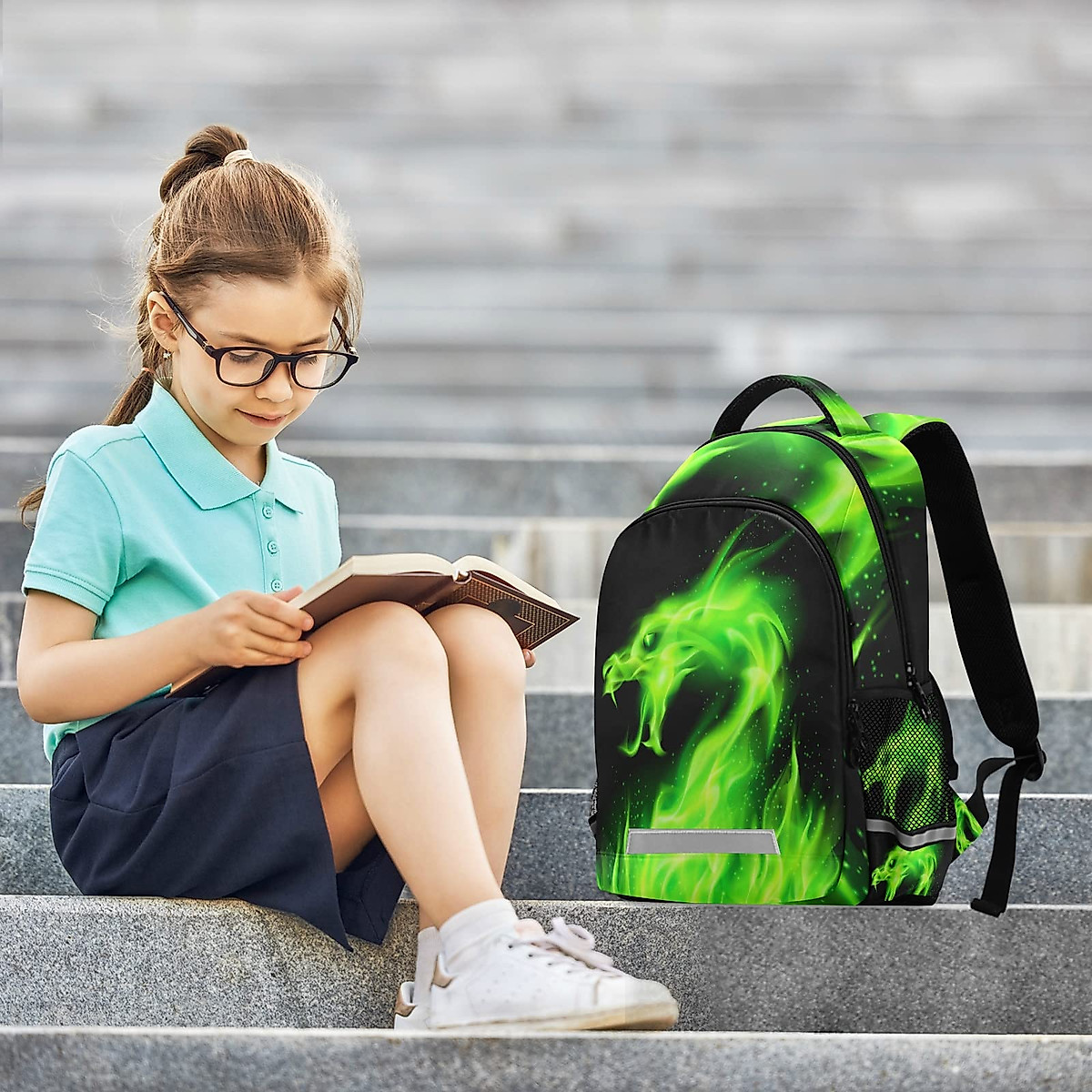 Green Fire Dragon Backpack Schoolbag for Boys Girls Elementary School Bookbag Travel Bag Casual Daypack Rucksack for Students