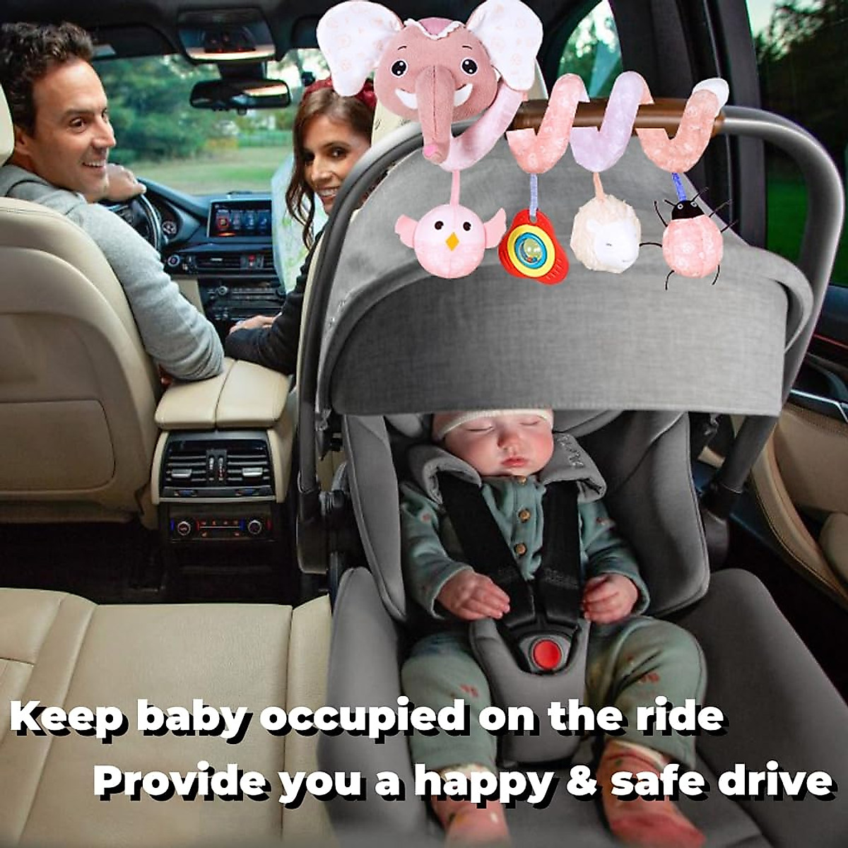 Car Seat Toys for Babies 0-6 Months, Infant Spiral Activity Toys Baby Gril Car Seat Toys 6-12 Months Hanging Stroller Toys for Baby Girls 0-6 Months with Musical Owl Rattle Sheep - Pink Elephant