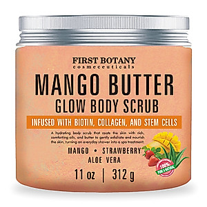 Mango Butter Body Scrub Exfoliator Biotin, Collagen, Stem Cells - Natural Exfoliating Salt Scrub & Body and Face Souffle helps with Moisturizing Skin, Acne, Cellulite, Dead Skin Scars, Wrinkles- 11 oz