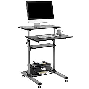TechOrbits White Mobile Standing Desk Rolling Workstation Cart - Stand Up Media Podium Mobile Desk