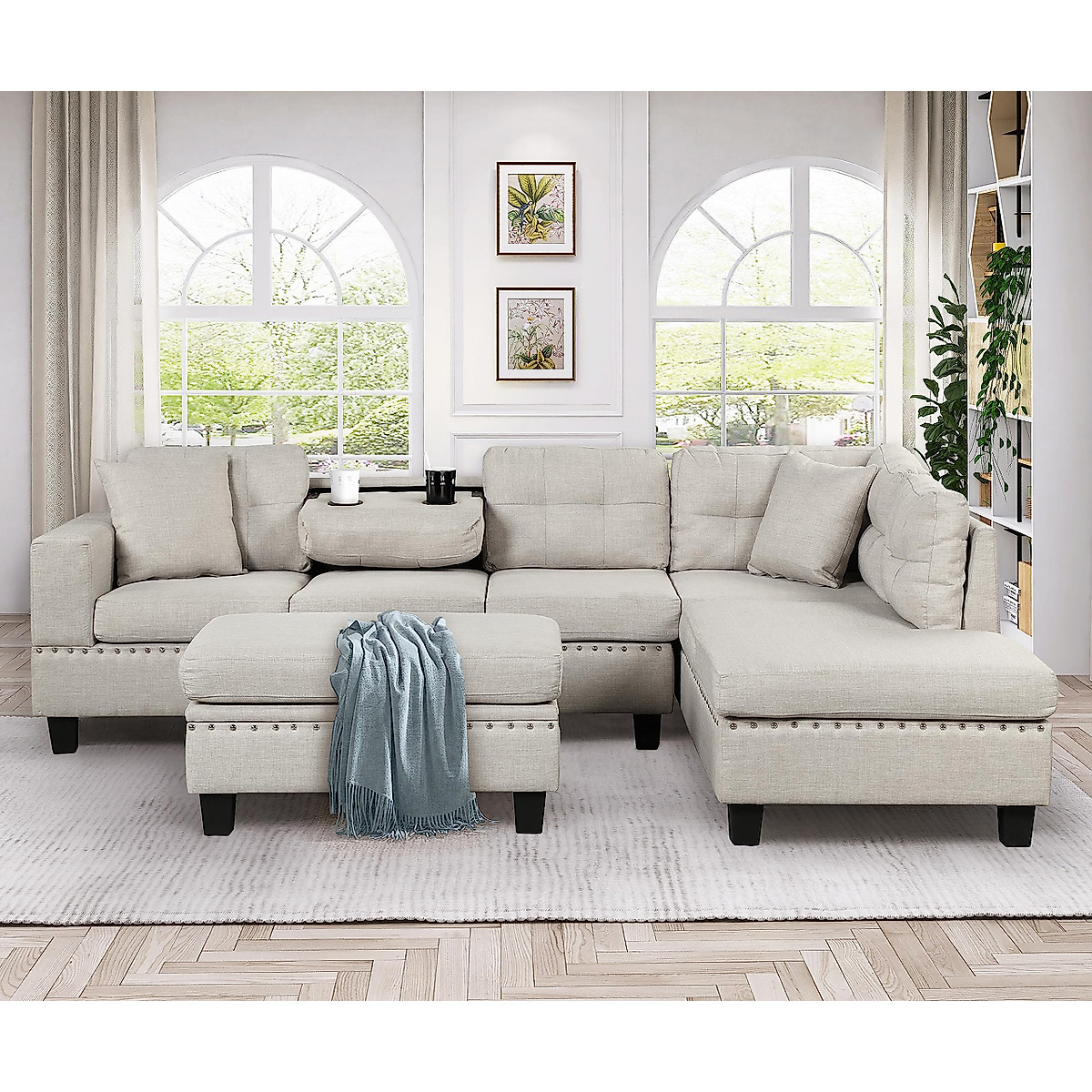 P PURLOVE Sectional Sofa with Reversible Chaise and 2 Pillows, Linen L-Shaped Sofa with Storage Ottoman and Cup Holders, Sectional Couche Living Room Furniture Sets (Light Gray)