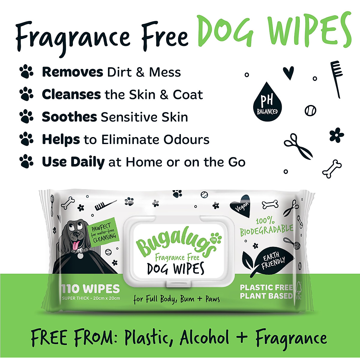BUGALUGS Dog Wipes, 100% Plastic Free Biodegradable pet Wipes for Full Body, Eye Wipes, Ear Wipes, Bum & Paws. 110 Sensitive Dog Grooming Wipes for Dogs, Puppy & cat Grooming (Fragrance Free)