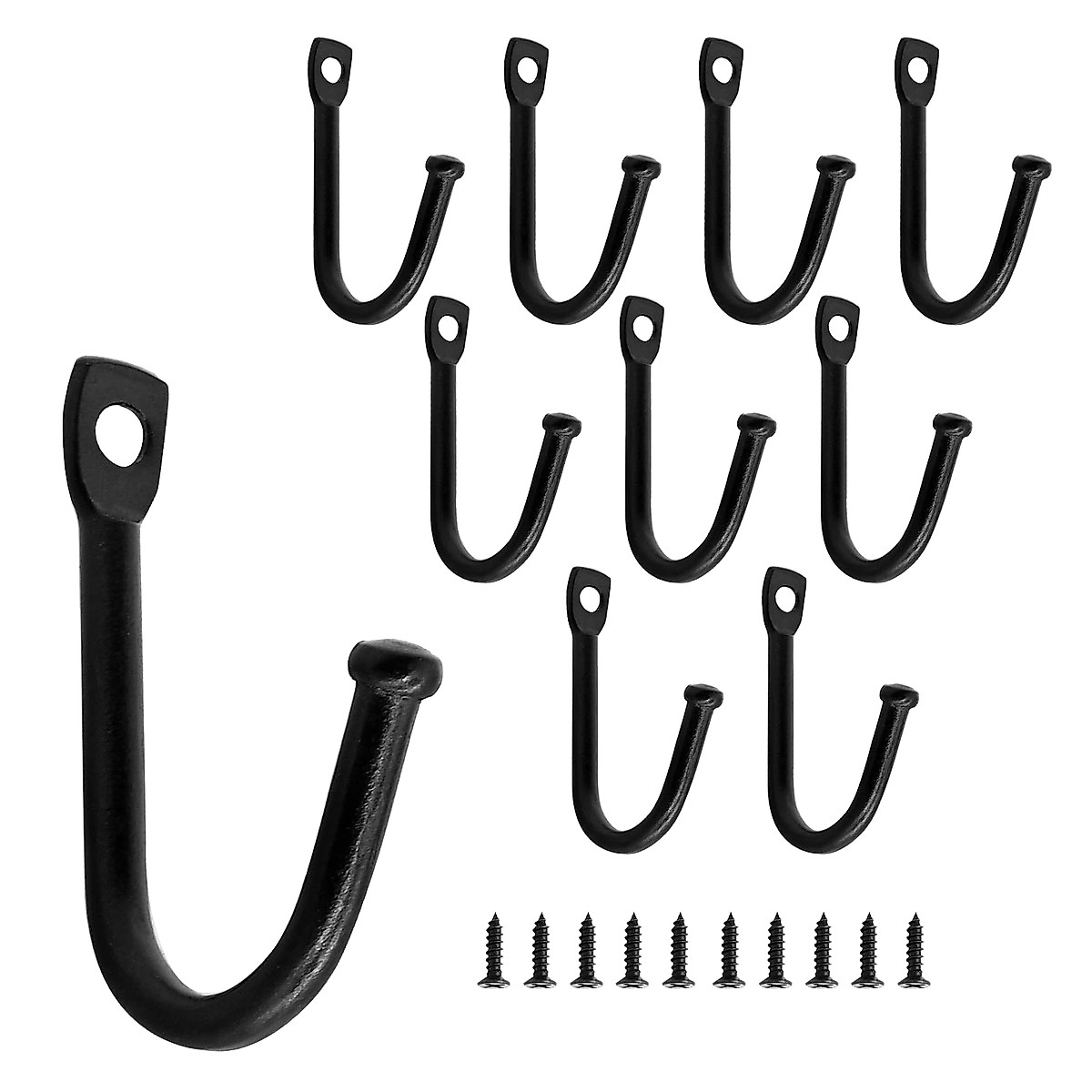 Piutouyar Metal J Shaped Iron Hooks, 1.4 Inch Wall Mounted Single Hooks, Simple Hanger Hook for Coats, Bags and Key, Black (10Pcs)