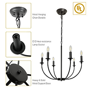 Depuley 6-Light Black Farmhouse Chandelier, Industrial Meatl Chandelier Lighting Fixtures Hanging, Classic Candle Pendant Light Fixture for Dining room Kitchen Bedroom Entryway Foyer, E12