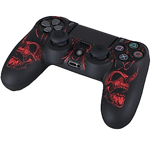 YoRHa Laser Carving Silicone Skin for PS4 Controller x 1(Skulls Red) with Exclusive Thumb Grips x 8