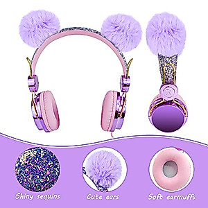 Kids Headphones, Purple POM POM Bear Ear 2020 Upgraded w/Adjustable Headband, Over On Ear Headset w/Mic for Girls/Teens/School/Kindle/Tablet/PC (Wired)