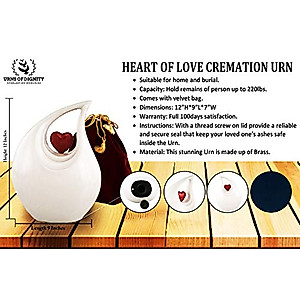 Cremation Urn Heart of Love Urn for Human Ashes – Cremation Urn for Funeral, Columbarium or Home, Cremation Urns for Human Ashes.220cubic inch- with Velvet Bag. (White Red Heart Large)