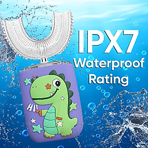 BubblezKidz – Kids Electric Toothbrush – U Shaped Dinosaur Cartoon – Ultra Sonic 6 brush Cleaning Modes w/ Smart Timer – Ages 2-18 Years Old – IPX7 Waterproof, Rechargeable, With Stickers (Dinosaur)