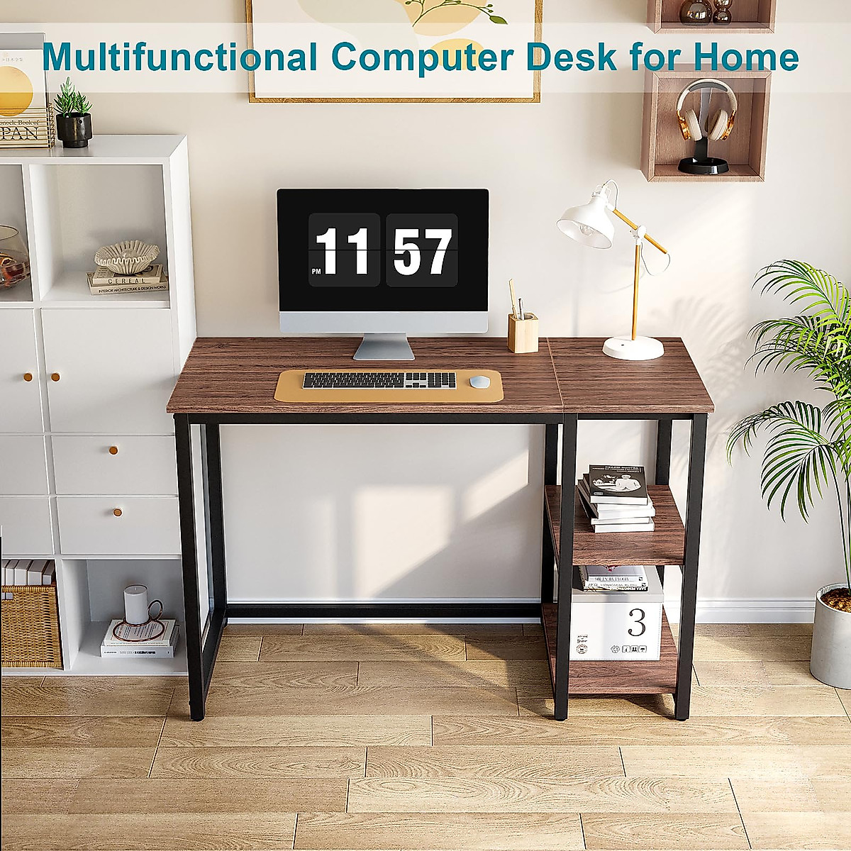 SINPAID Computer Desk 40 inch with 2 Shelves, Sturdy Home Office Desk with Large Storage Space, Modern Gaming Desk, Study Writing Laptop Desk(Brown,40 inch)