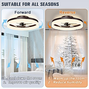 VOLISUN Low Profile Ceiling Fans with Lights and Remote, 19.7in Fandelier Ceiling Fan Flush Mount, 3000K-6500K Smart Bladeless LED Fan Light, Brown Modern Ceiling Fans with Lights for Bedroom