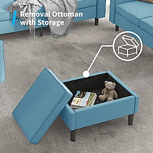 Mjkone Convertible Sectional Sofa Couch, 3-Seat L-Shaped Sofa with Storage Ottoman, Wooden Couch Legs Modern Linen Fabric Reversible Chaise for Living Room, Studio, Apartment - Blue