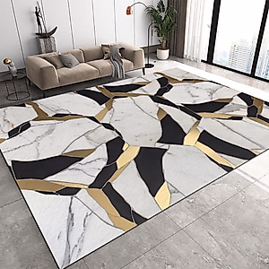 White Black Gold Pattern Area Rugs, Marble Luxury Fashion Floor Carpet for Bedroom, Non Slip Washable Office Rug for Living Room Dining Room and Office 6' x 9'