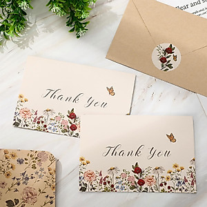 JarThenaAMCS 50 Pack Wildflower Thank You Cards Vintage Flower Greeting Cards Floral Blank Note Cards with Kraft Envelope Sticker for Birthday Wedding Bridal Shower, 4 x 6 Inch