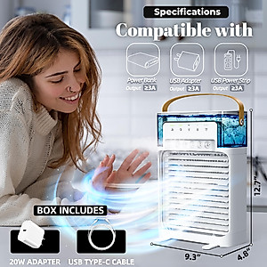 Portable Air Conditioner with Cooling Mist and Remote, Quiet comfort with 4 Speeds, XL 1200ml tank, Personal AC Fan with 5 Mists, 7 Night Lights, 2, 4, 6, 8H Timer, for Home, Office, White