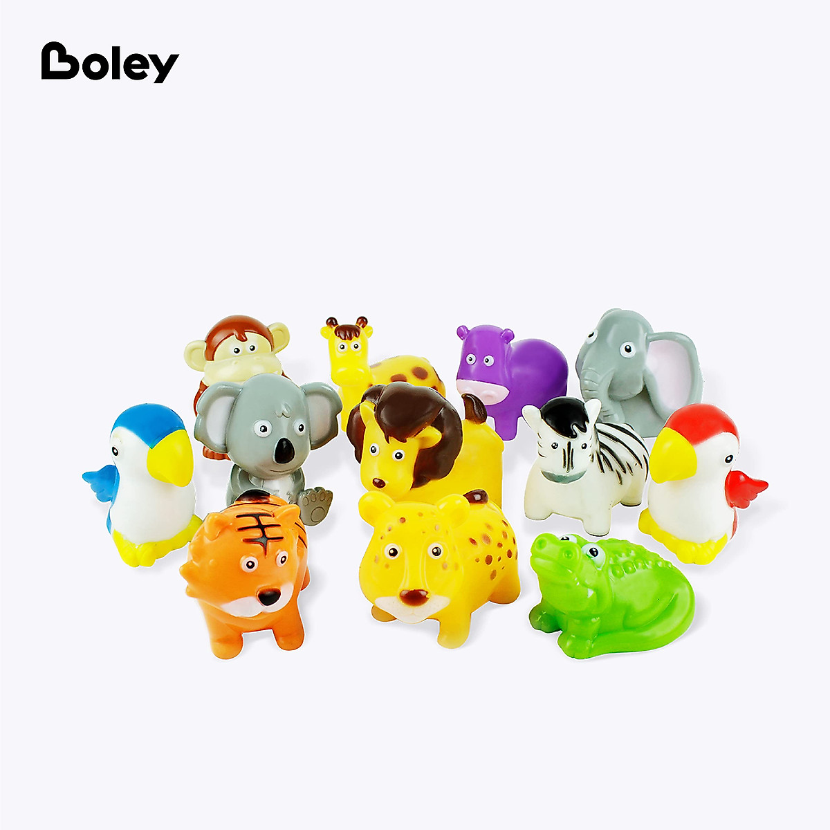 Boley Safari Animals Bath Toy Bucket - 12 Pc Set of Pool & Bath Toys for Toddlers - Educational & Safe Plastic Figures for Ages 2+ - Fun and Durable Jungle Animal Playset in Storage Container