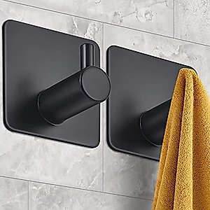 YOGEERNIC 2 PCS Adhesive Towel Hooks for Wall, No Drilling Removable Wall Hooks for Hanging, Heavy Duty Robe and Towel Hooks for Bathroom Bedroom Kitchen Hotel(Matte Black)