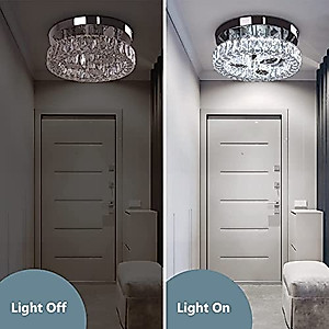 Finktonglan 11.6” Crystal LED Ceiling Light Flush Mount, Modern 30W Round Ceiling Lamp K9 Crystal Light Fixtures, Stainless Steel Leaf Crystal Chandelier for Dining Room Living Room (Cool White)