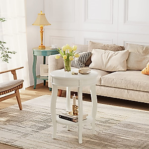 Acme Aberta Round Wooden End Table with Bottom Shelf in Antique White