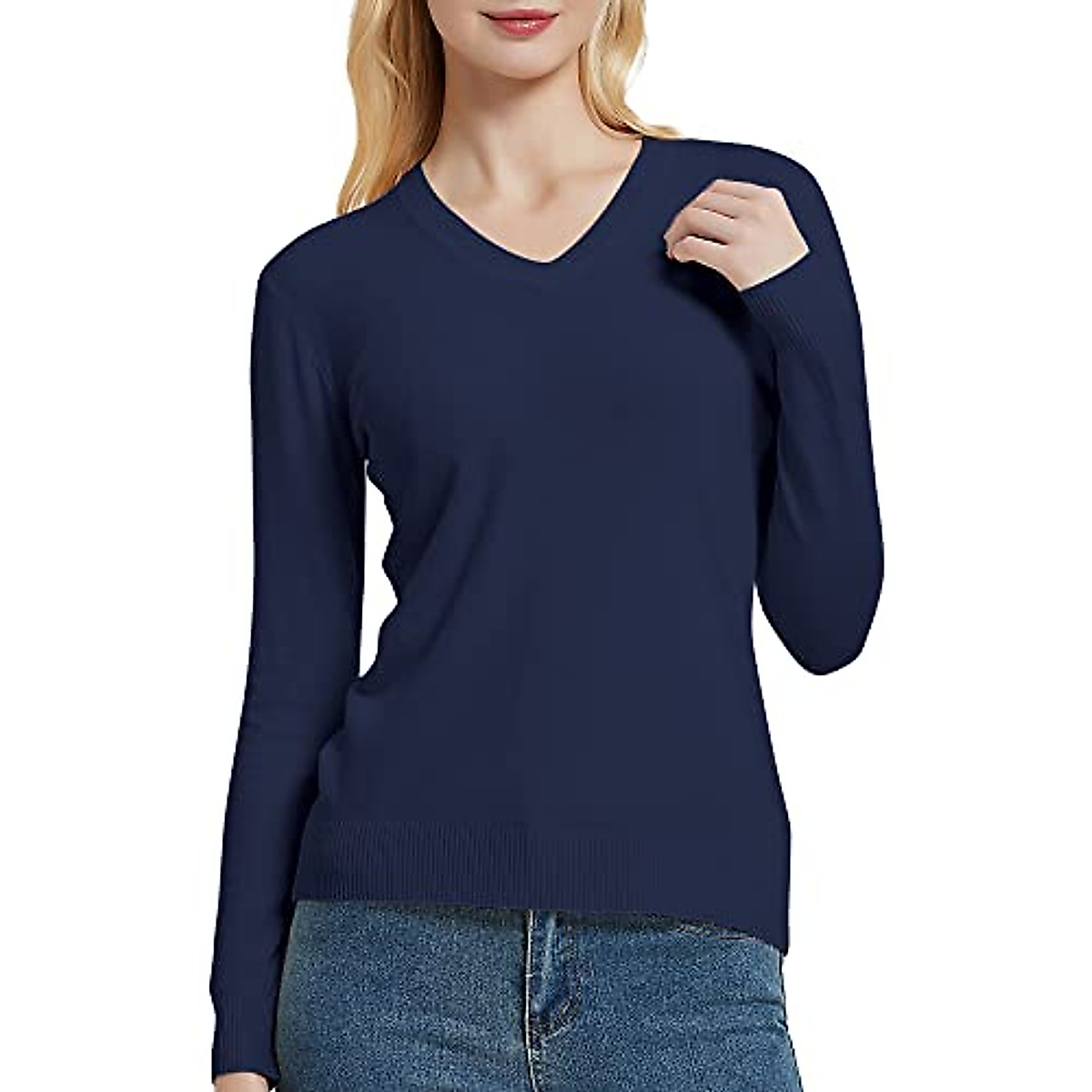 Urban CoCo Women's V Neck Long Sleeve Solid Classic Knit Pullover Sweater Tops (Navy Blue, L)