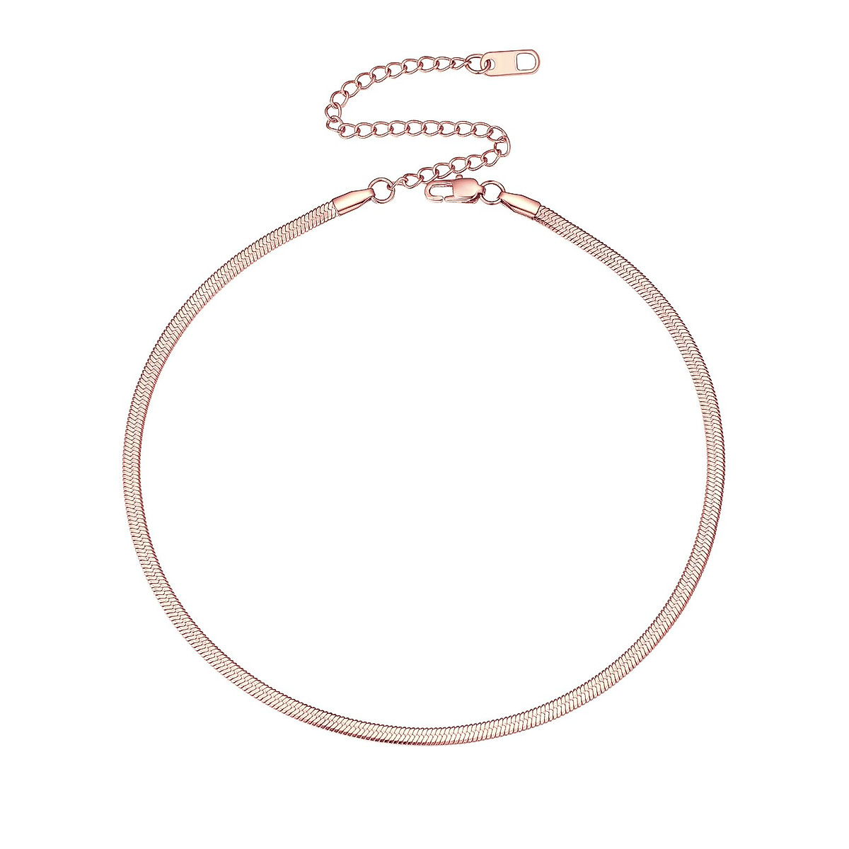 FOCALOOK Rose Gold Plated Flat Snake Chain Necklace Herringbone Necklace Pink Choker Necklaces for Women 3MM(W) 12.5+3.5"(L)